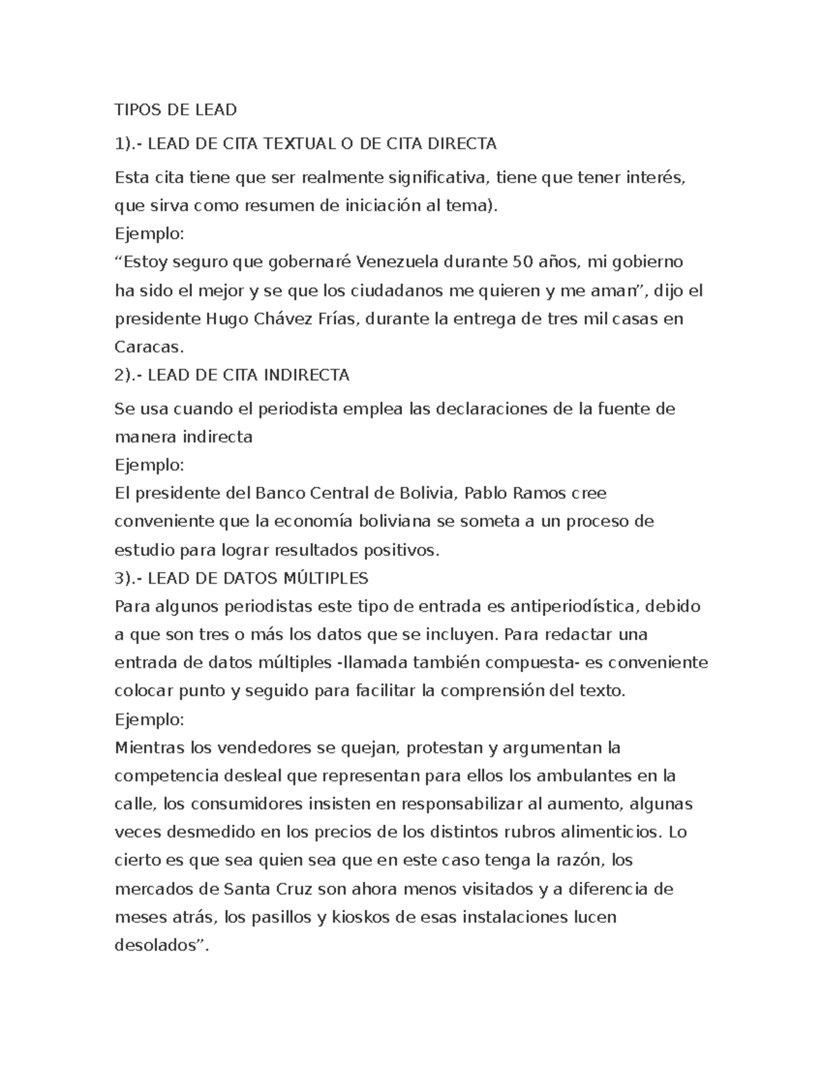 Tipos de Lead - TIPOS DE LEAD 1).- LEAD DE CITA TEXTUAL O DE CITA DIRECTA Esta cita tiene que ...