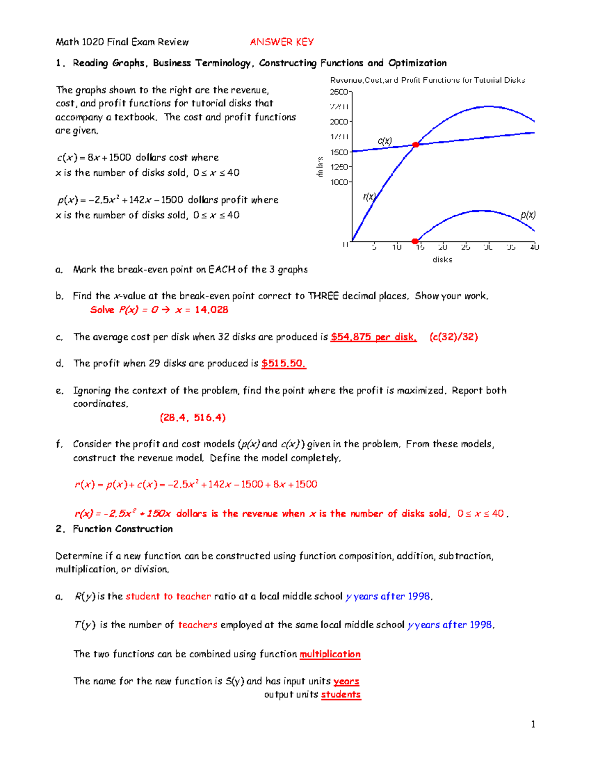Answer KEY Review Final EXAM ( Comprehensive FREE Response) Spring 2016 ...