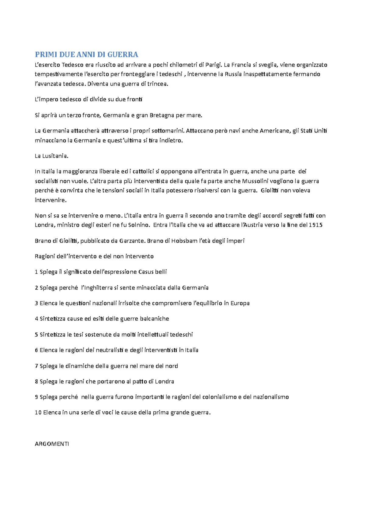 Lo scoppio della Grande Guerra- Barbero - PRIMI DUE ANNI DI GUERRA L ...