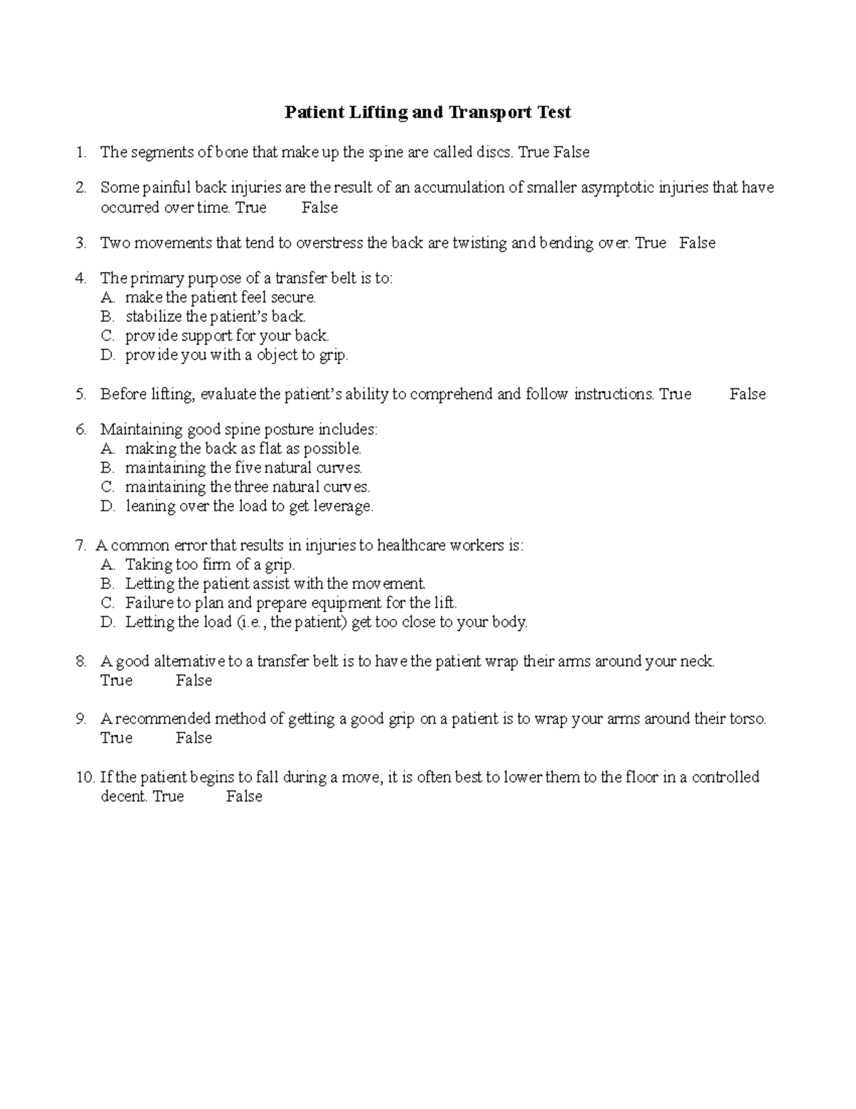 Lifting and Transport Test-2 - Patient Lifting and Transport Test The ...