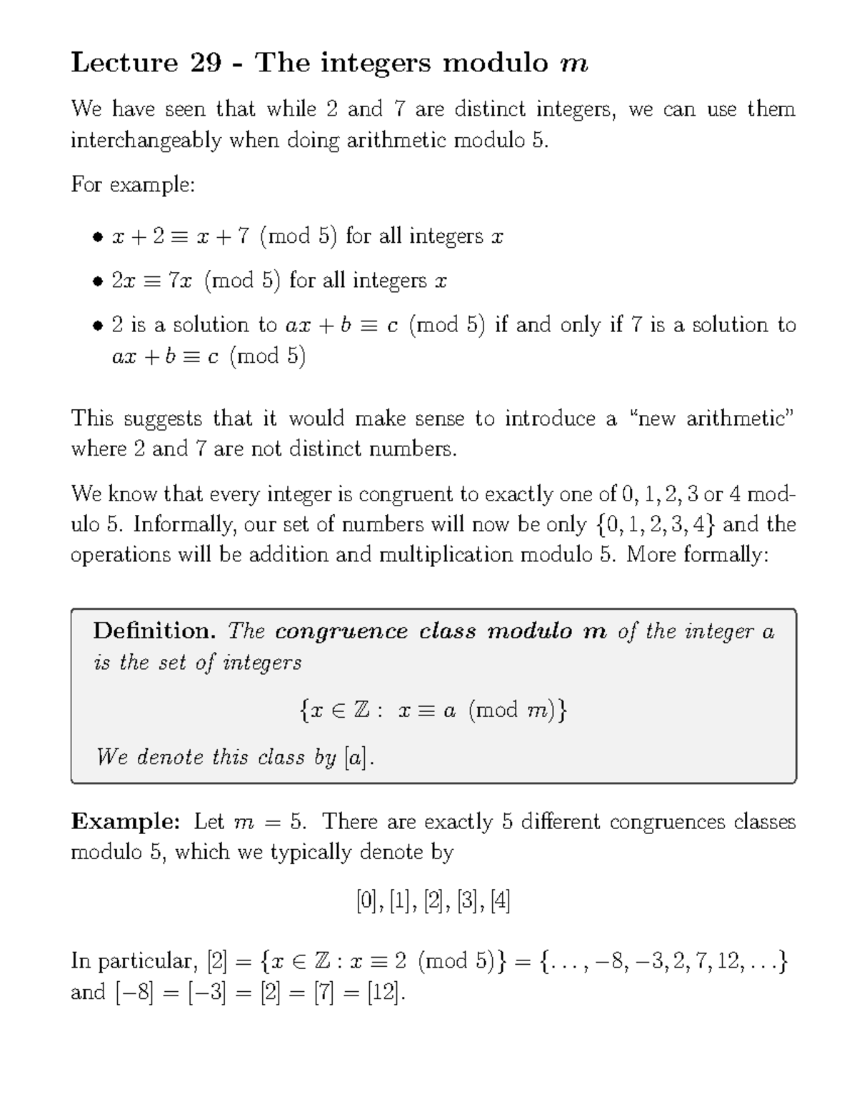 Lecture 29 - The integers modulo m (handout) - Lecture 29 - The ...