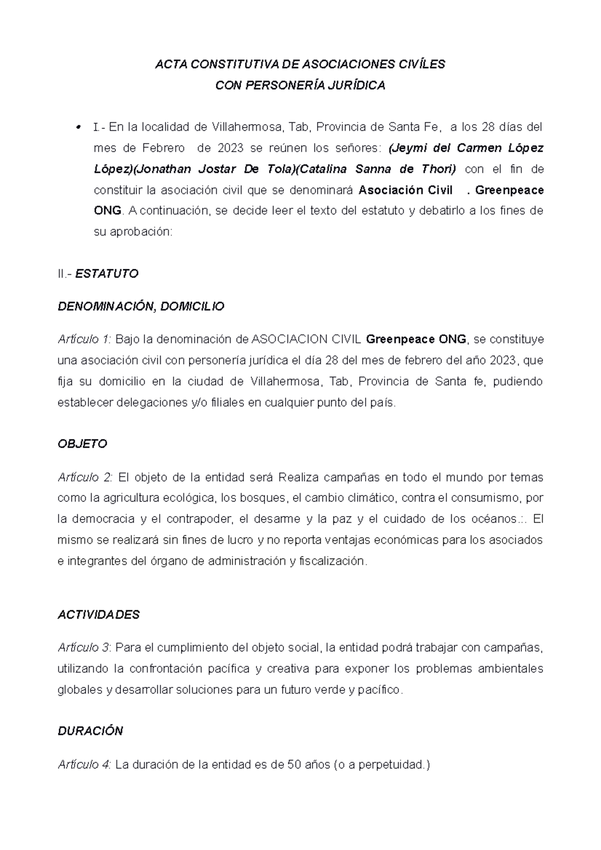 Acta Constitutiva Asociaciones Civiles - ACTA CONSTITUTIVA DE ASOCIACIONES CIVÍLES CON ...