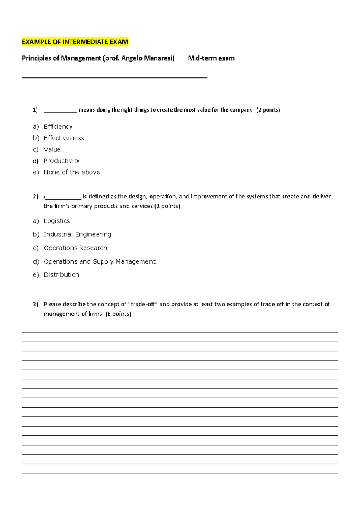 Principles of Management mock test - EXAMPLE OF INTERMEDIATE EXAM ...