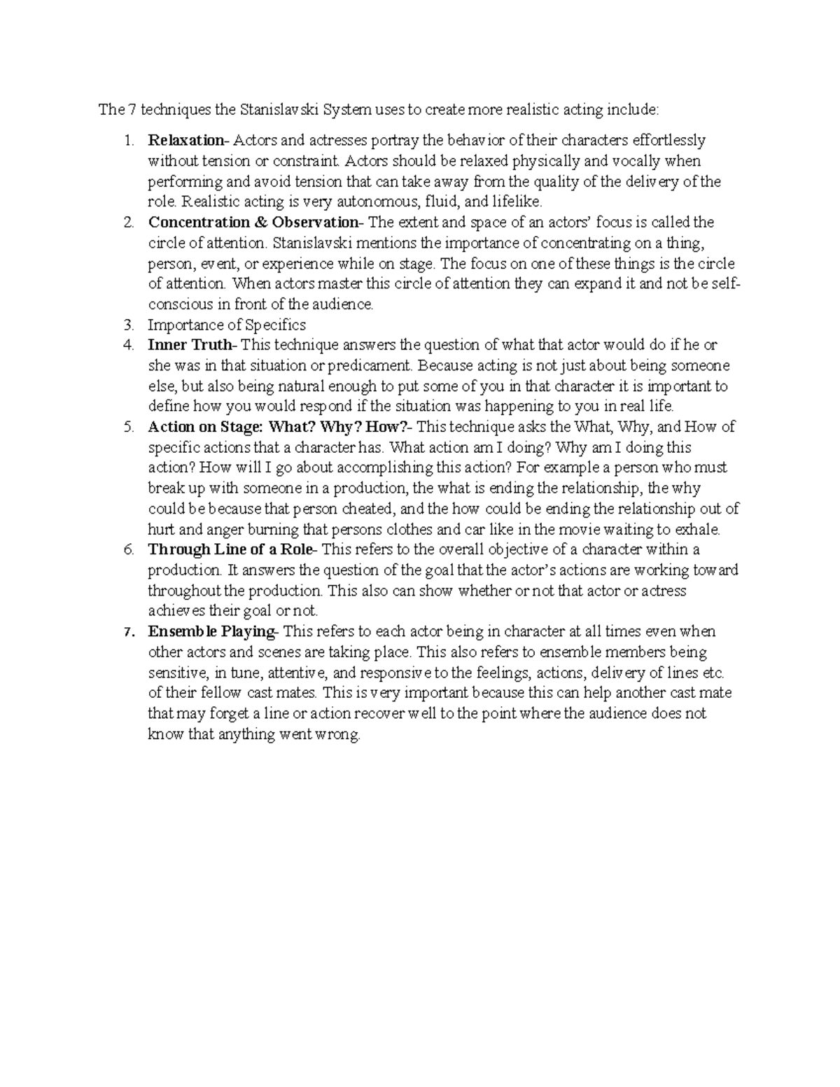 Theater Unit 2 Question 2 - The 7 techniques the Stanislavski System ...