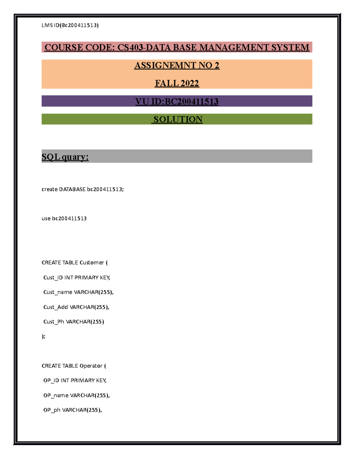 Bc2004 11513 403 Assignment Course Code Cs403 Data Base