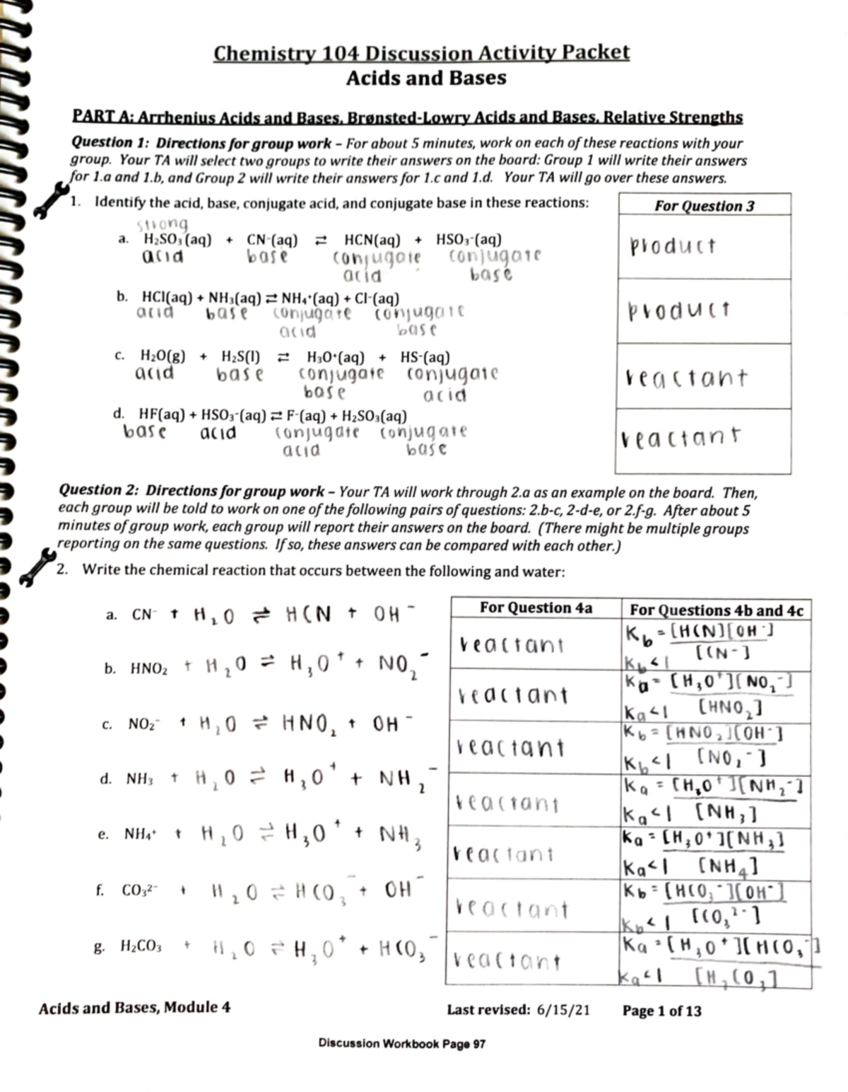 Module 4: Acids and Bases - Chemistry 104 Discussion Activity Packet ...