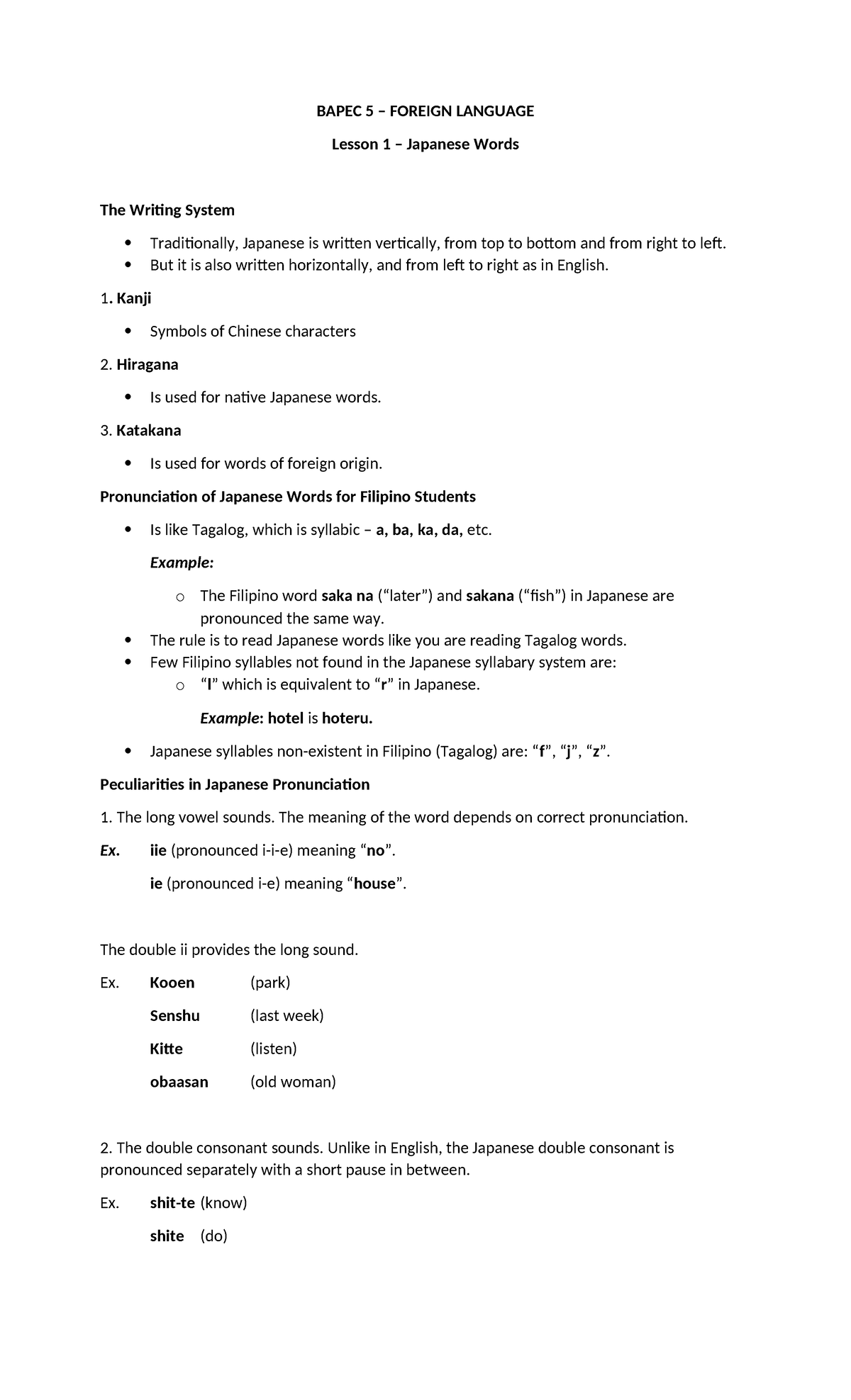 Foreign Language - Japanese 1 - BAPEC 5 – FOREIGN LANGUAGE Lesson 1 ...