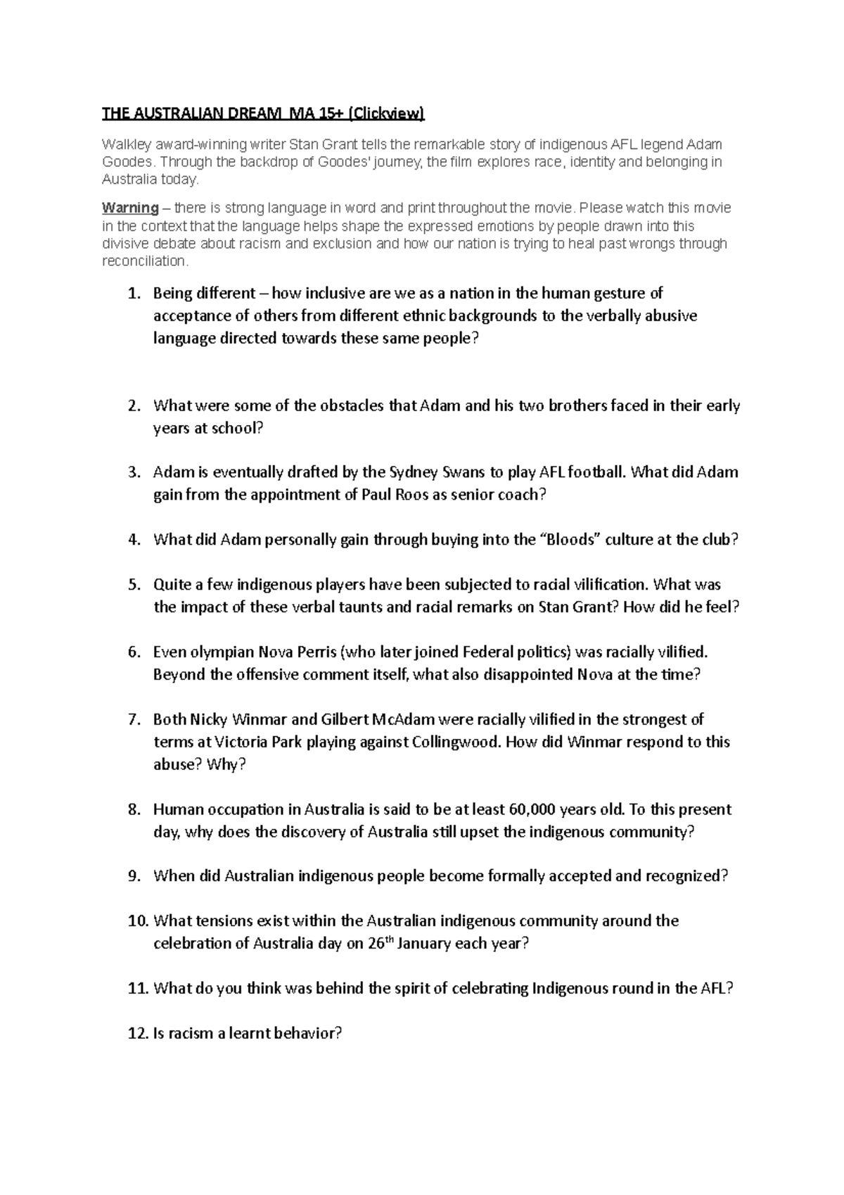 2020 The Australian Dream Documentary Questions - THE AUSTRALIAN DREAM ...