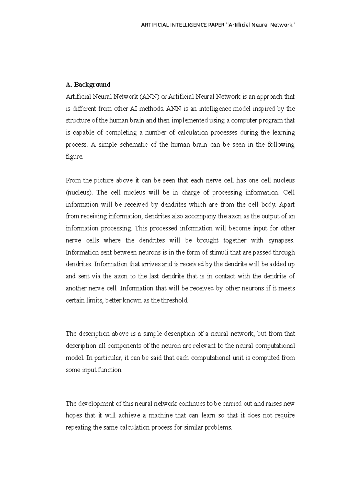 Artificial Intelligence Paper Artificial Neural Network - A. Background ...