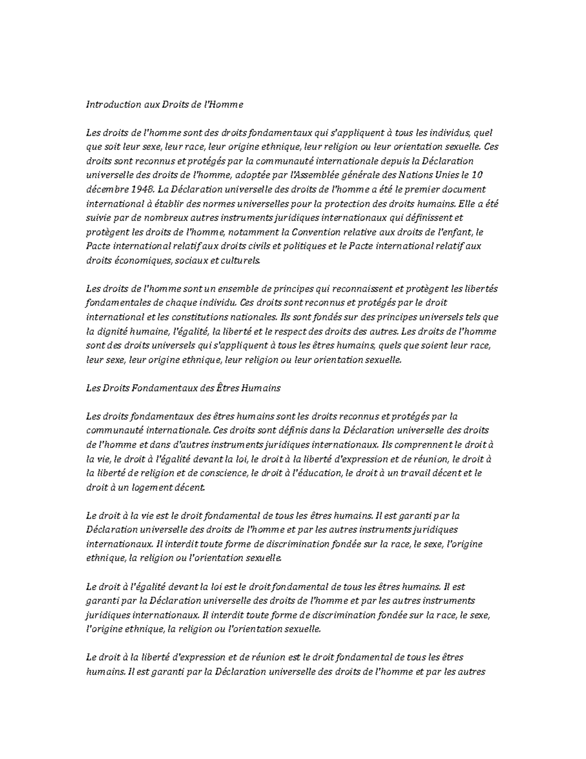 Human Rights Notes de cours - Introduction aux Droits de l'Homme Les ...