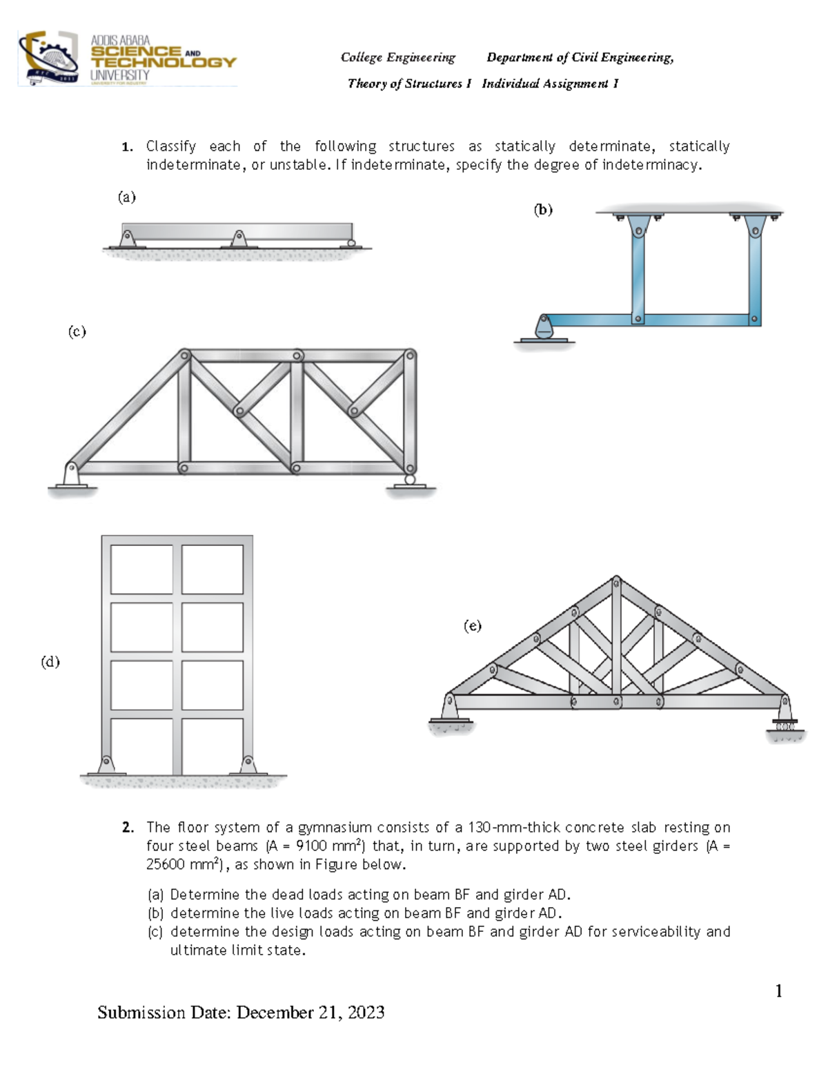 Theory of Structures Assignment 1 - College Engineering Department of ...