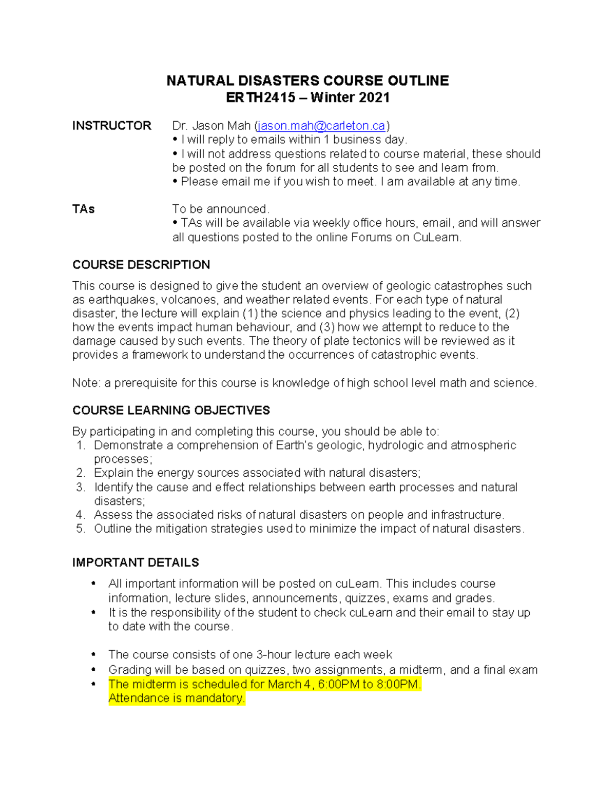 2021W ERTH2415 Outline - NATURAL DISASTERS COURSE OUTLINE ERTH 2415 ...