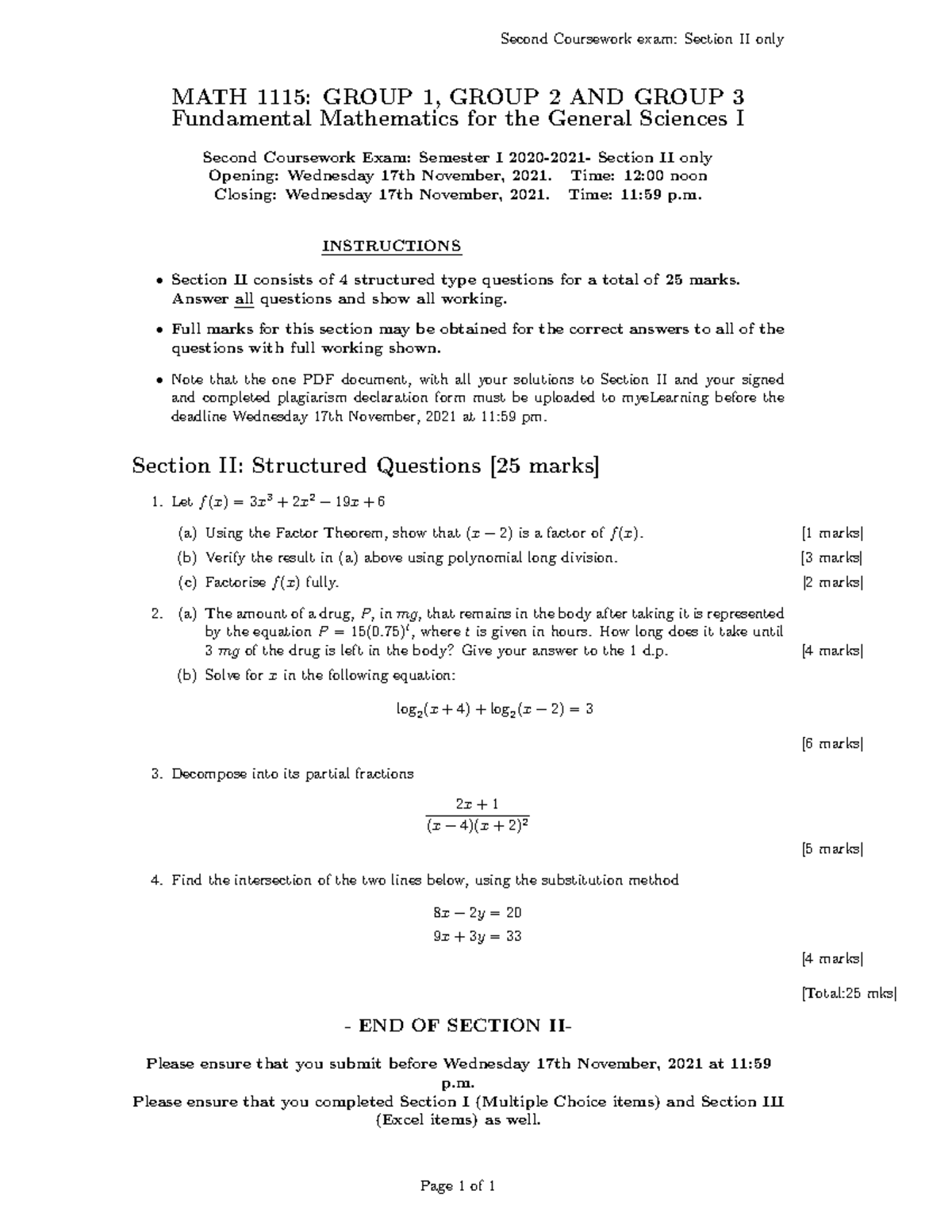Math 1115 CW2 - Section II - Structured Questions - Second Coursework ...