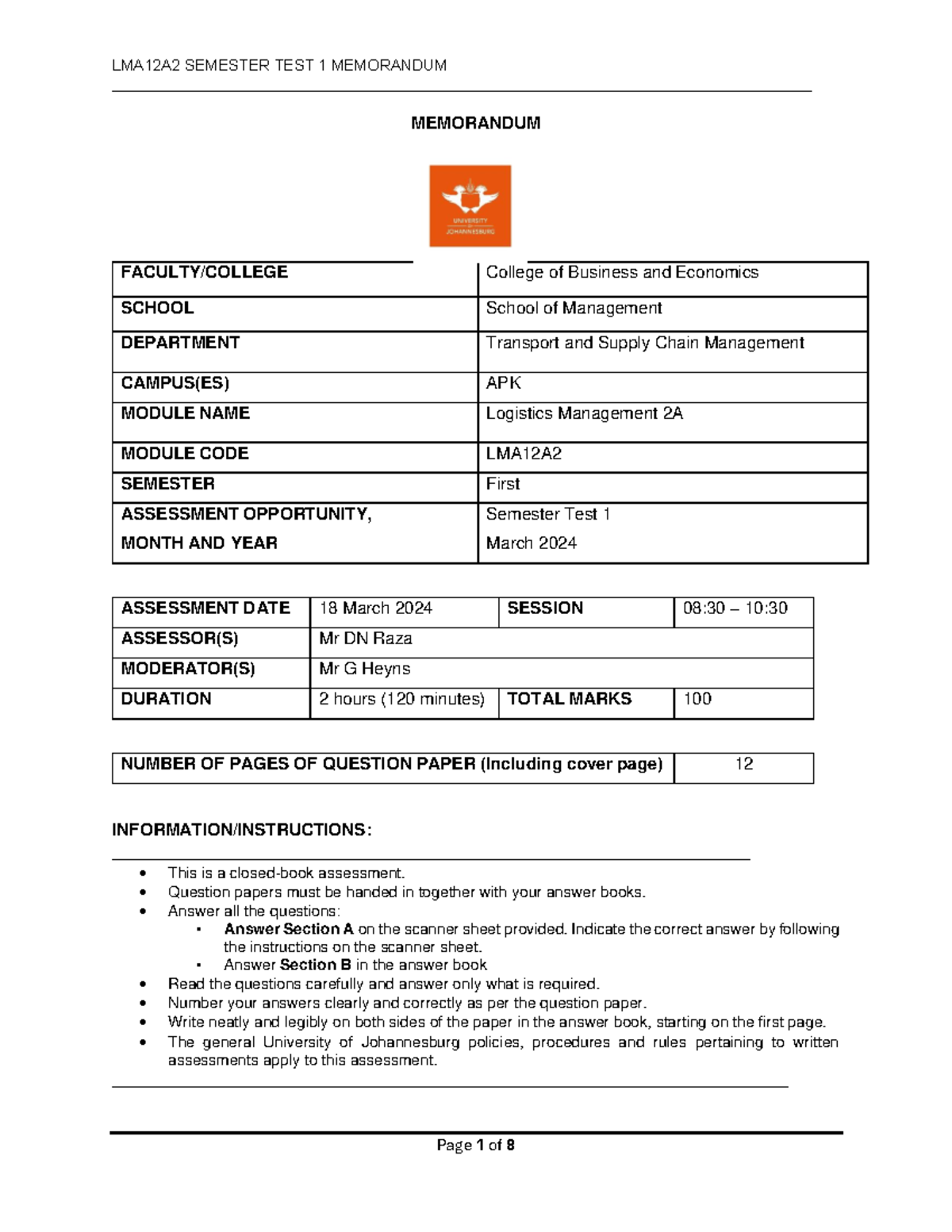 TEST 1 MEMO - TEST 1 MEMO 2024 - MEMORANDUM FACULTY/COLLEGE College of ...
