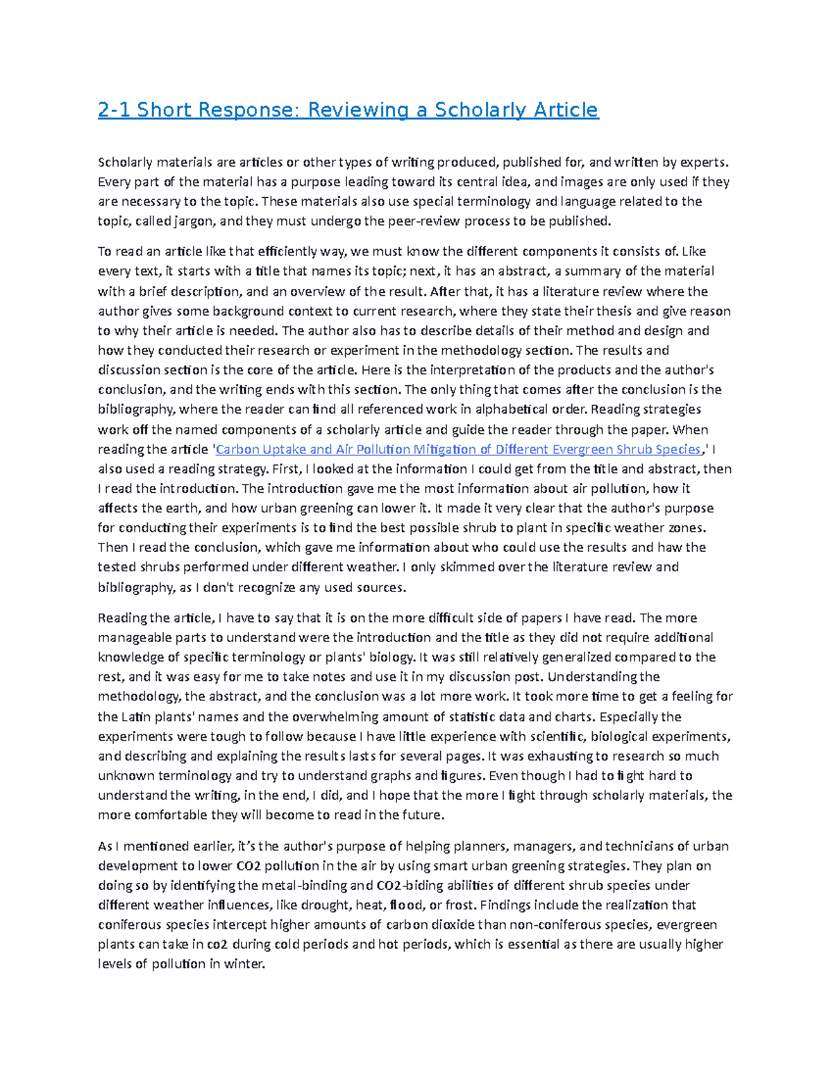 2-1 Short Response Reviewing a Scholarly Article - 2-1 Short Response ...