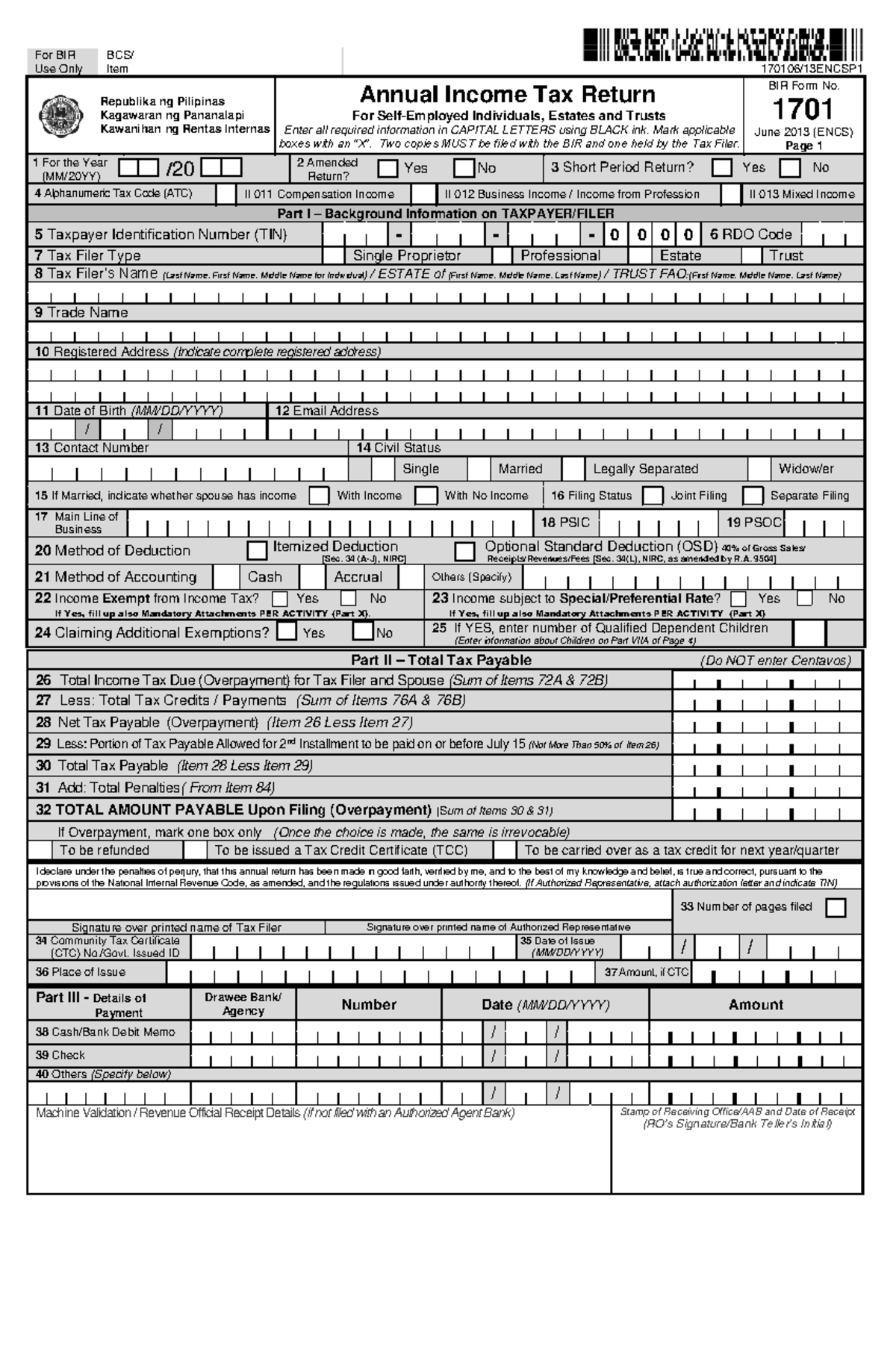 82255 BIR Form 1701 - Lecture notes - For BIR Use Only BCS/ Item 170106 ...