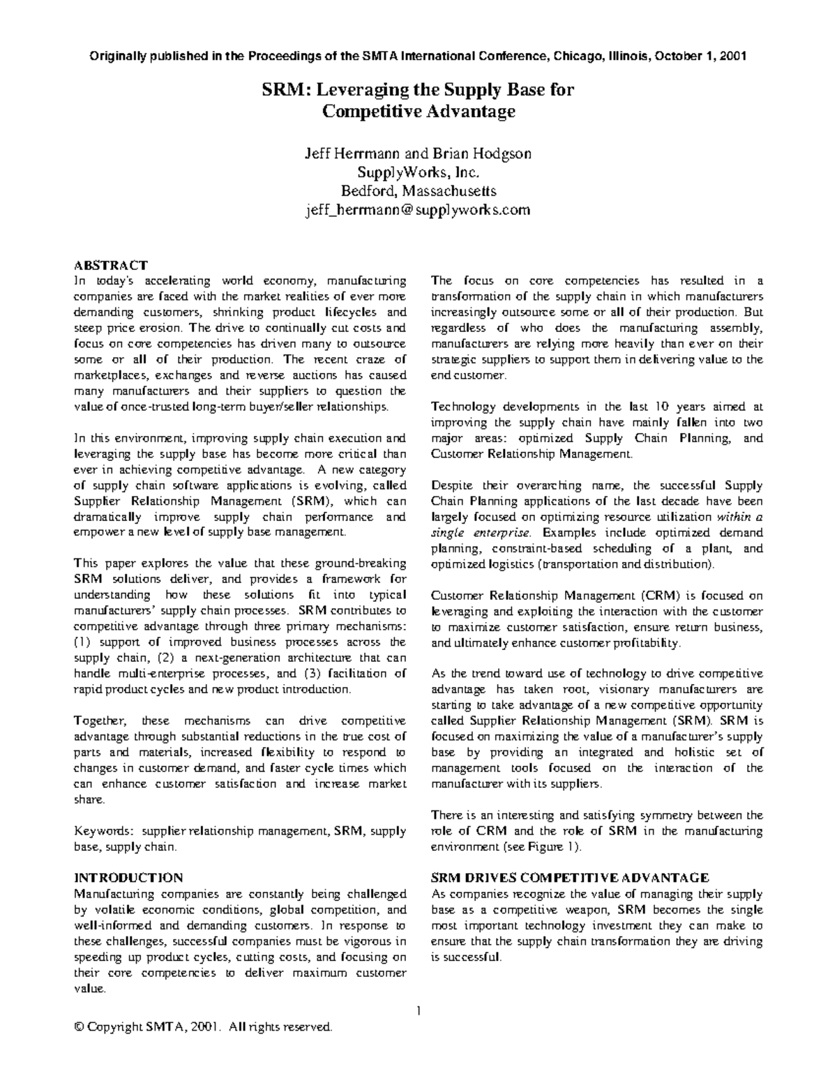 Leveraging The Supplybase for Competitive Advantage - 1 SRM: Leveraging ...