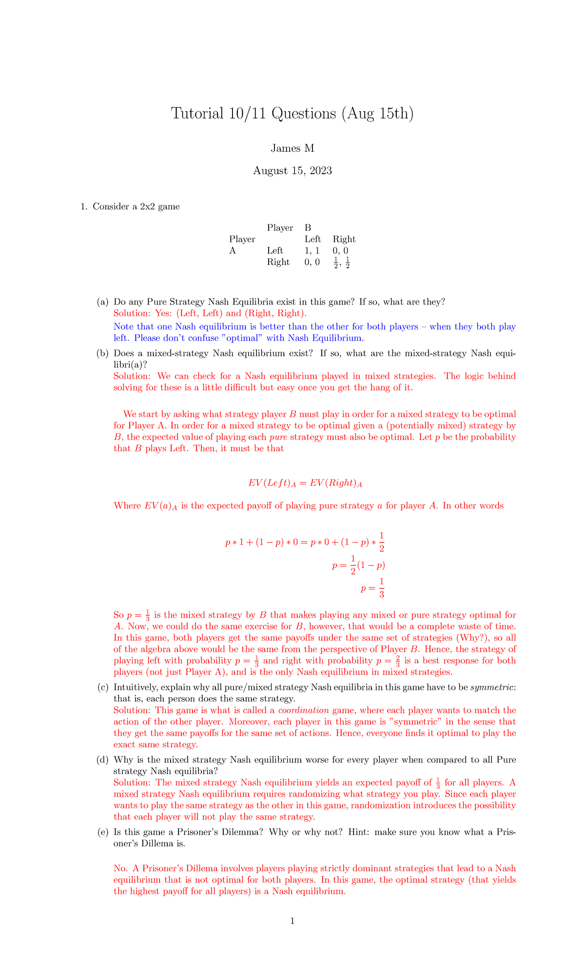 Tut10QSlns - Tutorial solutions - Tutorial 10/11 Questions (Aug 15th ...