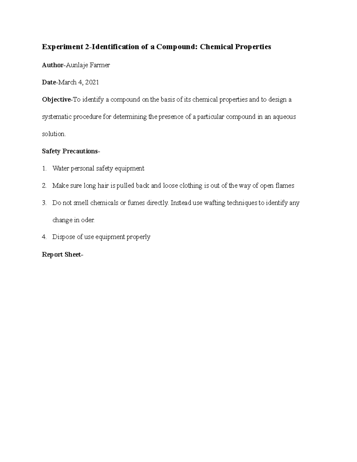 Chem 03 lab report exp 2 sp21 - Experiment 2-Identification of a ...