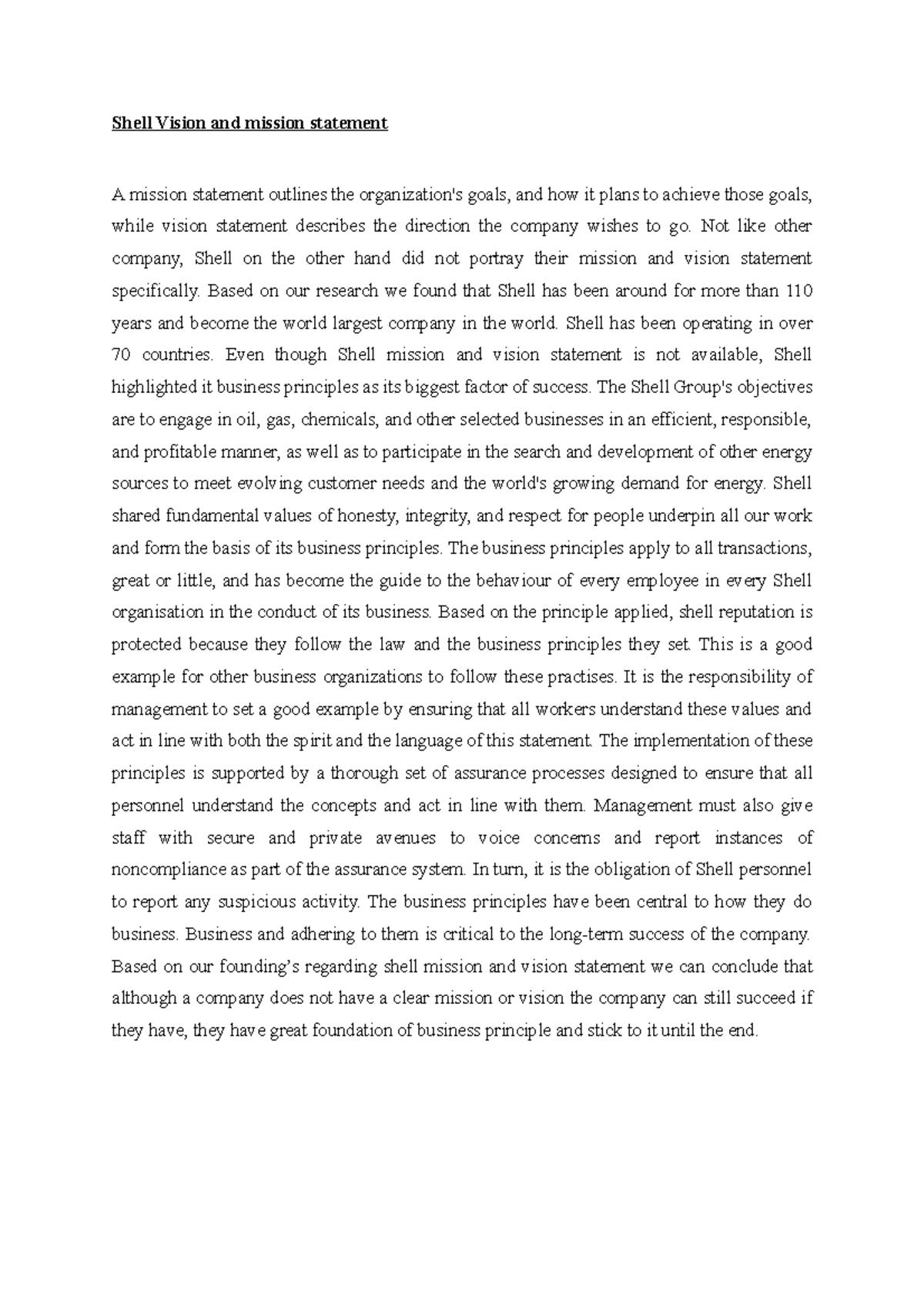 Shell Vision and mission statement - Not like other company, Shell on ...