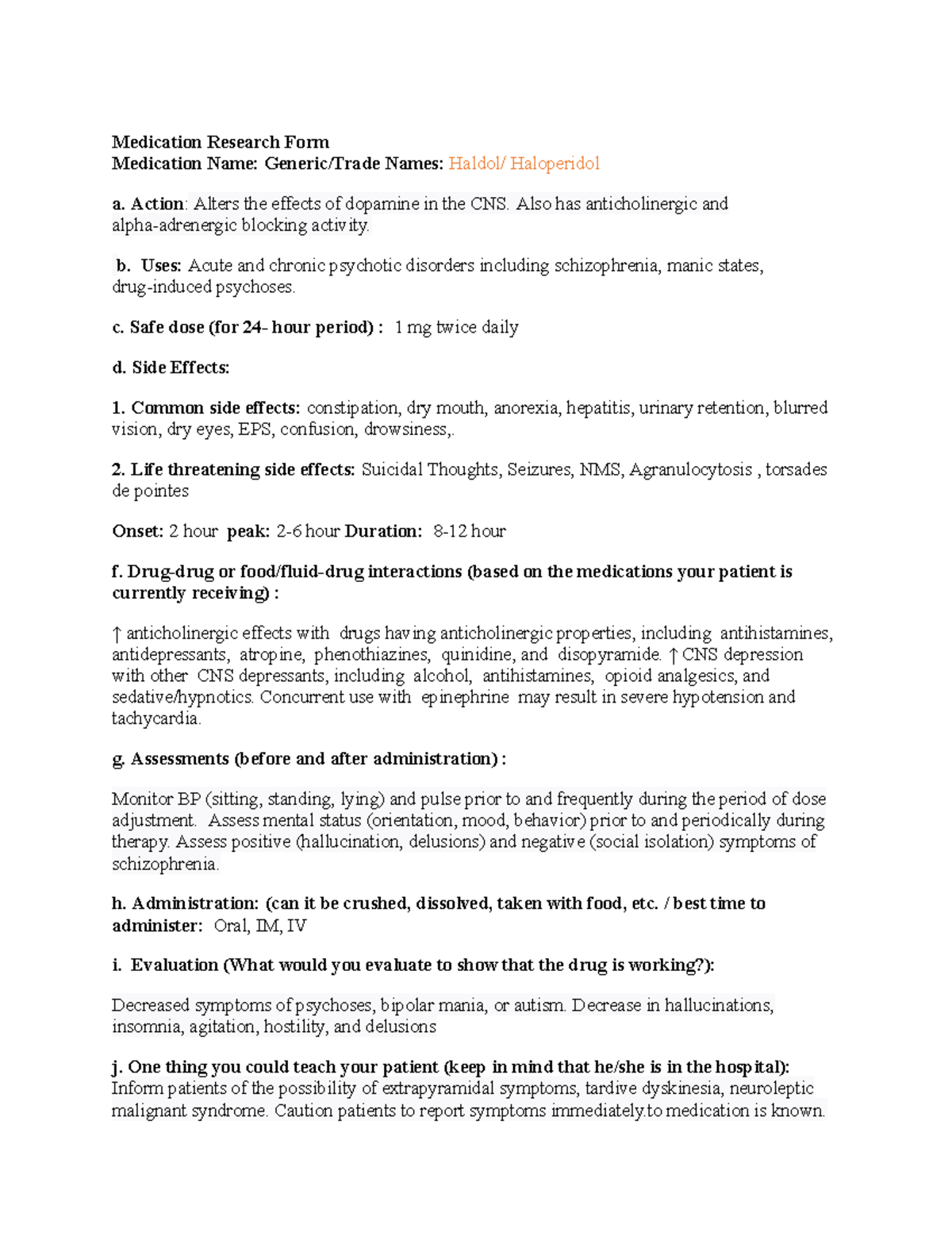 Haldol - med research - Medication Research Form Medication Name ...