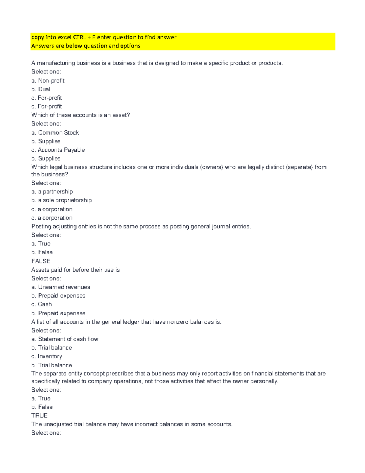 BUS1102 QUIZ ALL QNA - copy into excel CTRL + F enter question to find ...