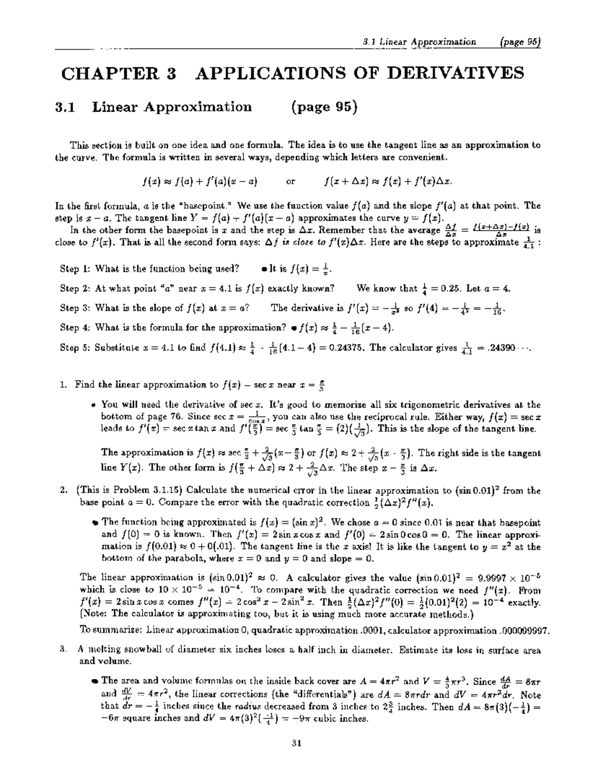 Applied Math Note - NEW - 3 Linear Approximation (page 95) CHAPTER 3 APPLICATIONS OF DERIVATIVES ...