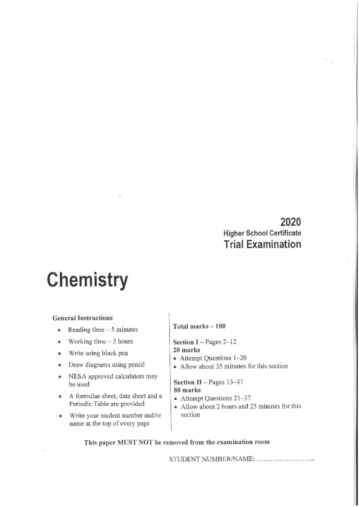 chem trial paper 2020 - 2020 Higher School Certificate Trial ...