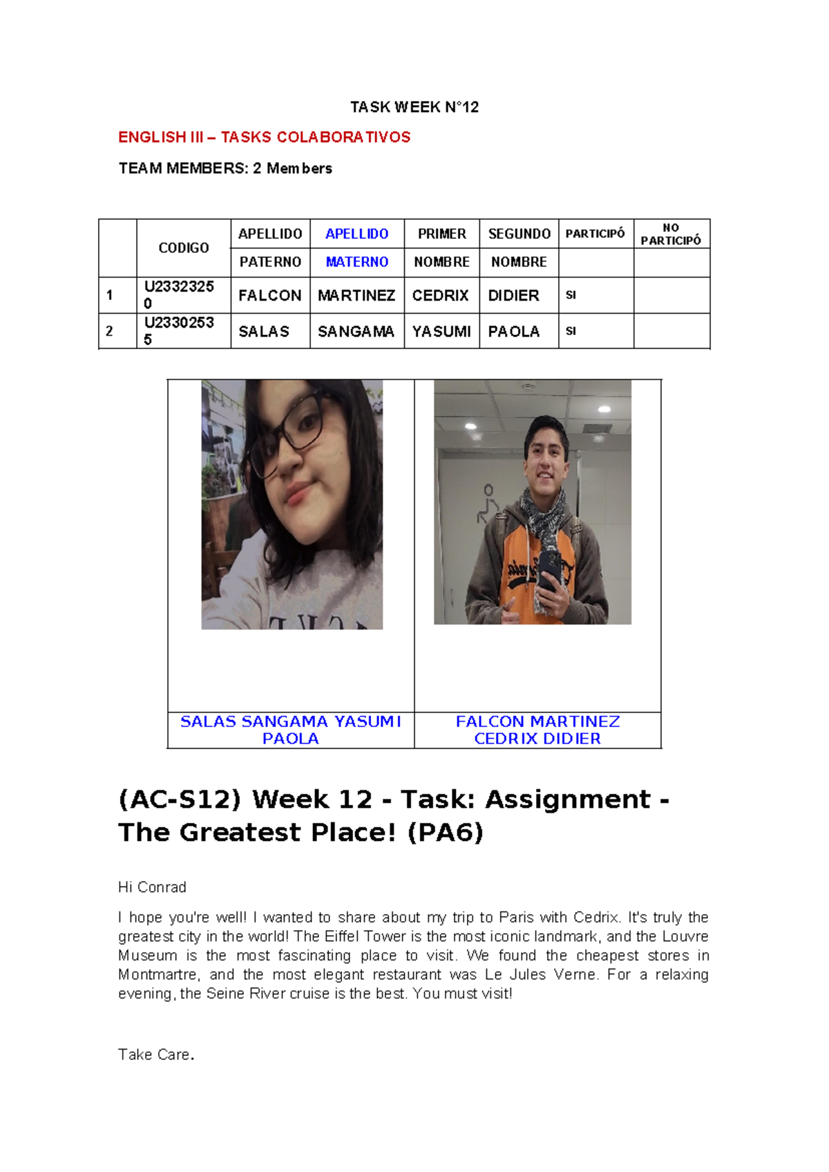 WEEK 12 - ACTIVITY FOR WEEK 12 - TASK WEEK N° ENGLISH III – TASKS COLABORATIVOS TEAM MEMBERS: 2 ...