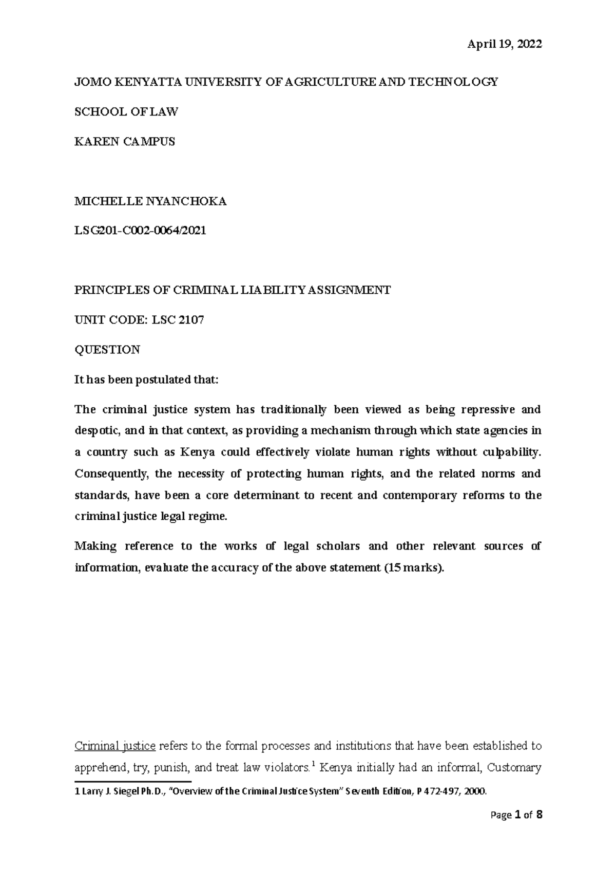 PCL Assignment ON CRIMES - JOMO KENYATTA UNIVERSITY OF AGRICULTURE AND ...