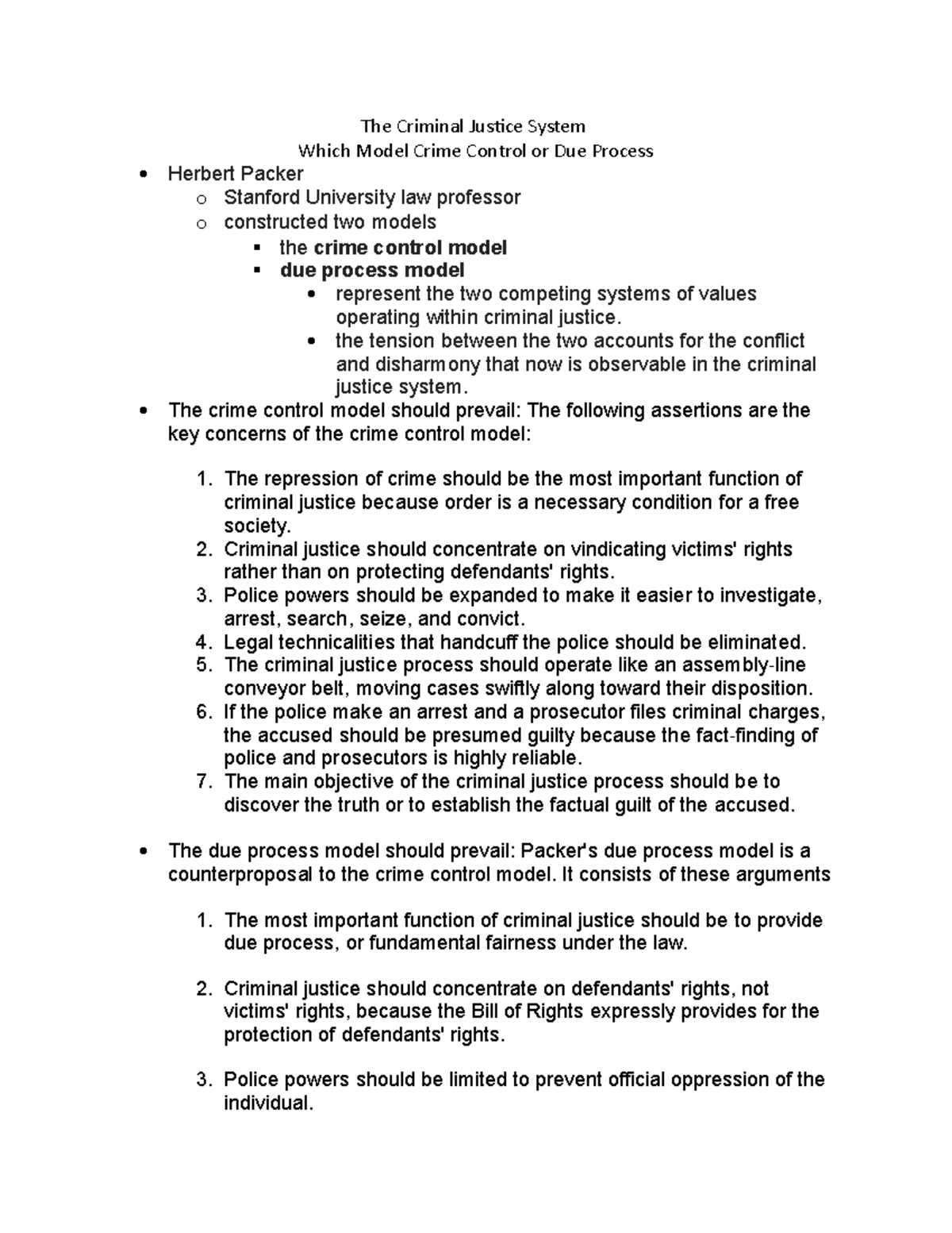Which Model Crime Control or Due Process - The Criminal Justice System ...