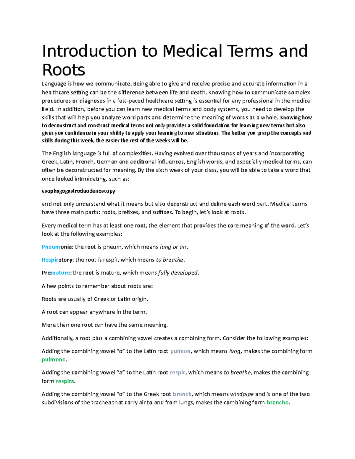 Introduction to Medical Terms and Roots - Introduction to Medical Terms ...