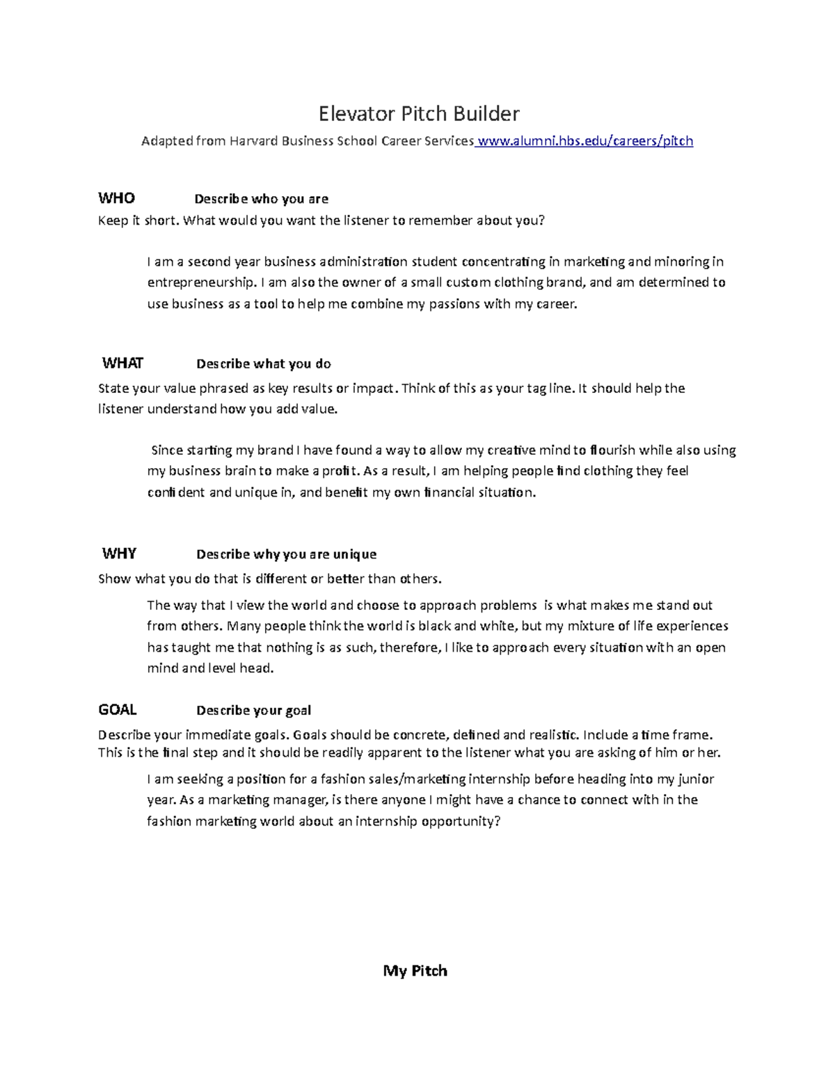 BUS 342 Personal Elevator Pitch Example - Elevator Pitch Builder ...