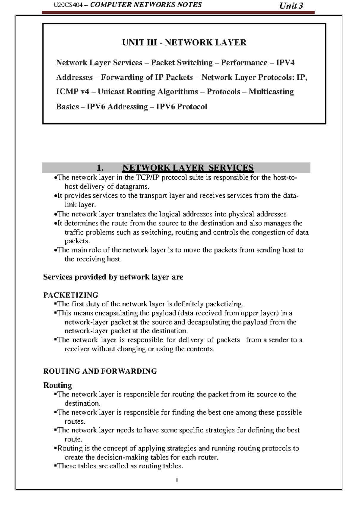 U20CS404 - CN UNIT 3 Notes - The network layer in the TCP/IP protocol ...