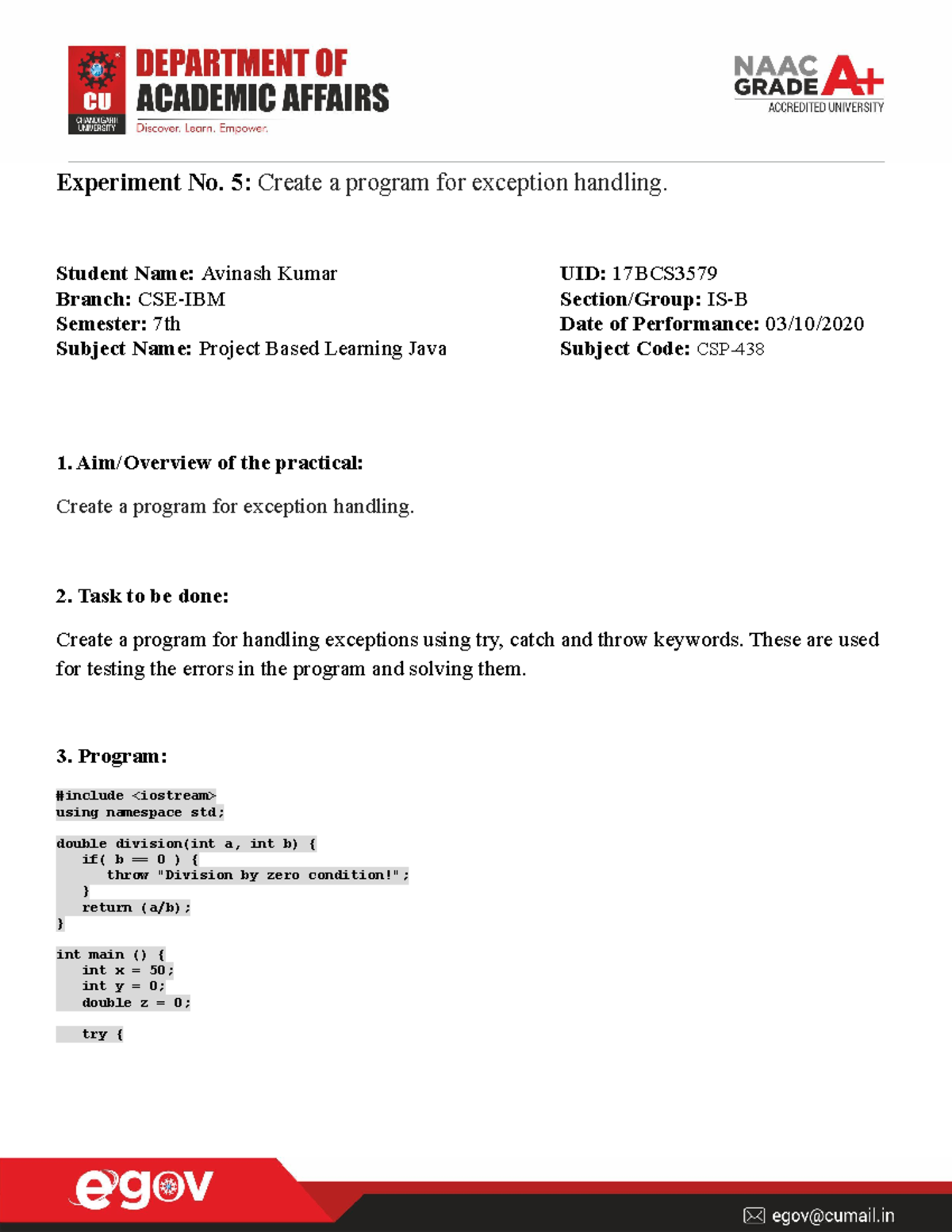 PBLJ Exp5 - chandigarh university - Experiment No. 5: Create a program for exception handling ...