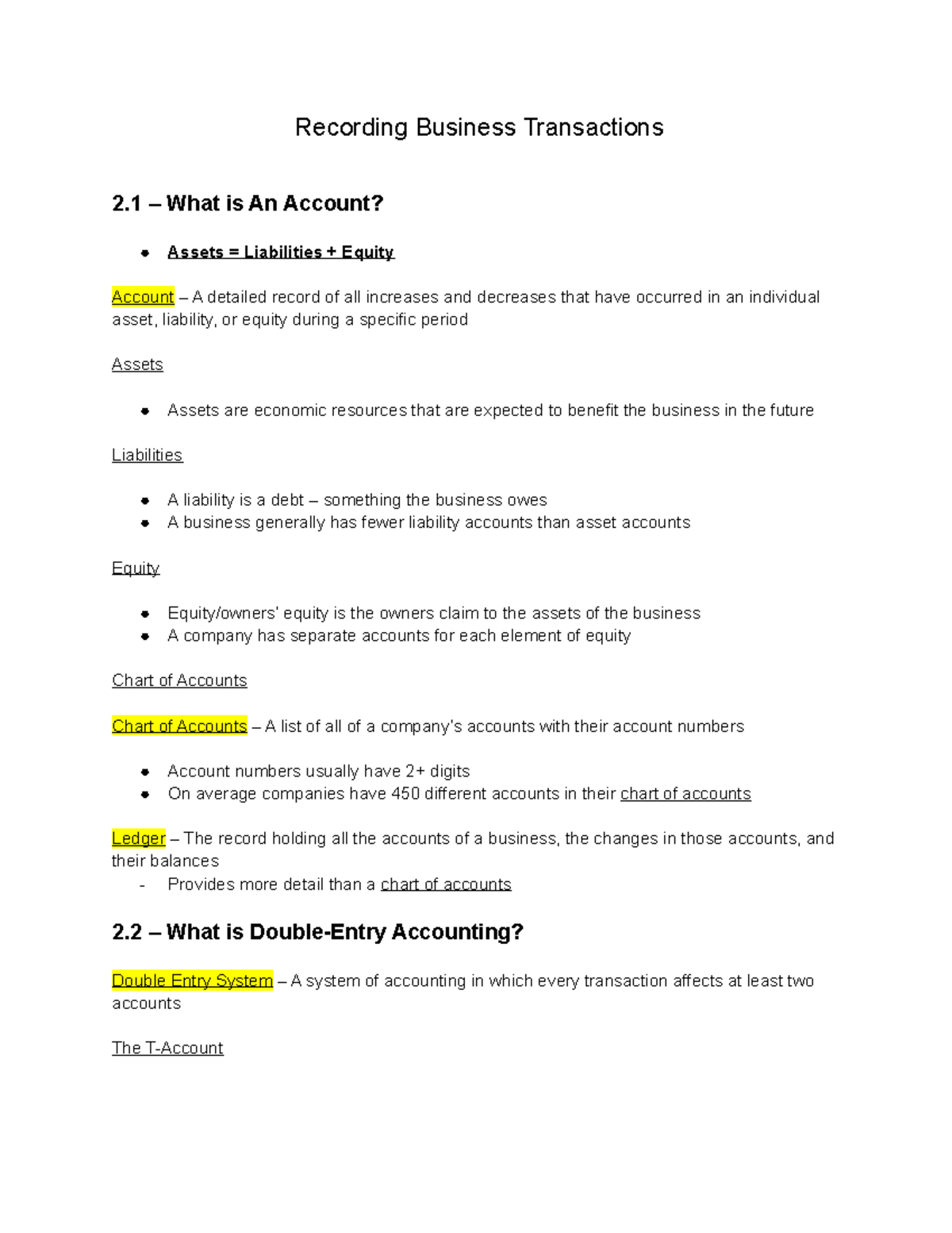Recording Business Transactions Notes - Recording Business Transactions ...