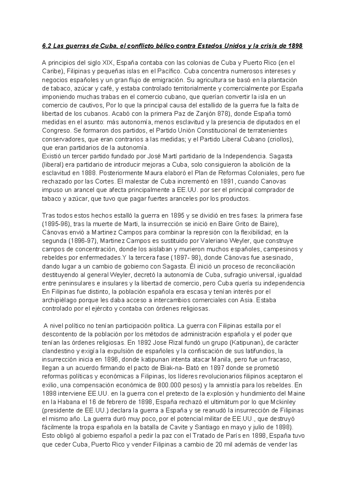 6.2 historia de esàña - 6 Las guerras de Cuba, el conflicto bélico ...