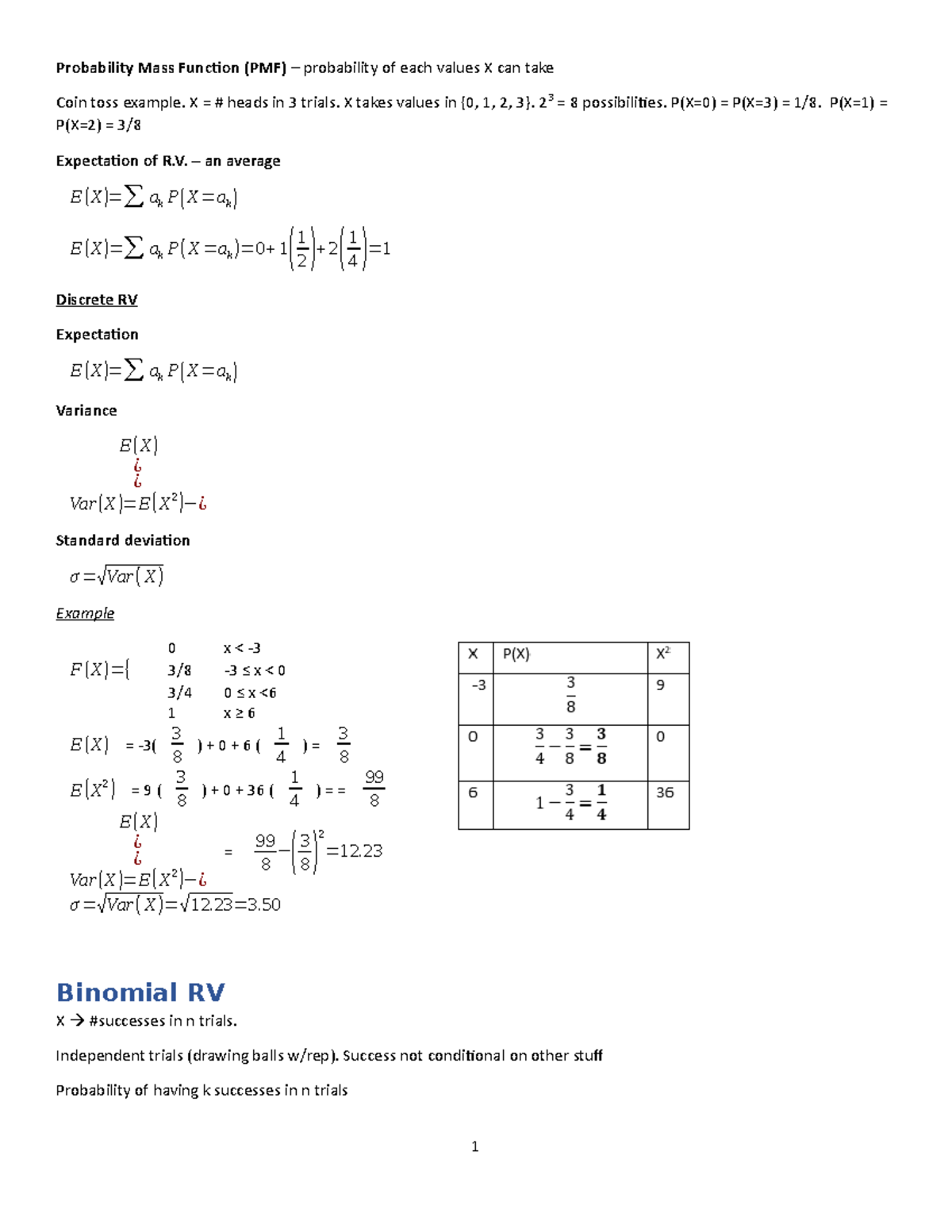Final Study Guide with Equations - Probability Mass Function (PMF ...