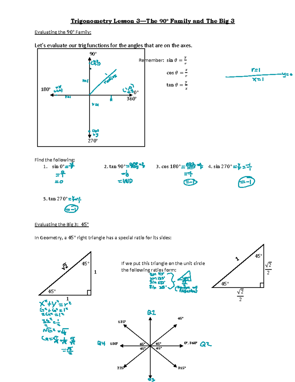 Trigonometry Notes Lesson 3 - Trigonometry Lesson 3 —The 𝟗𝟎° Family and ...