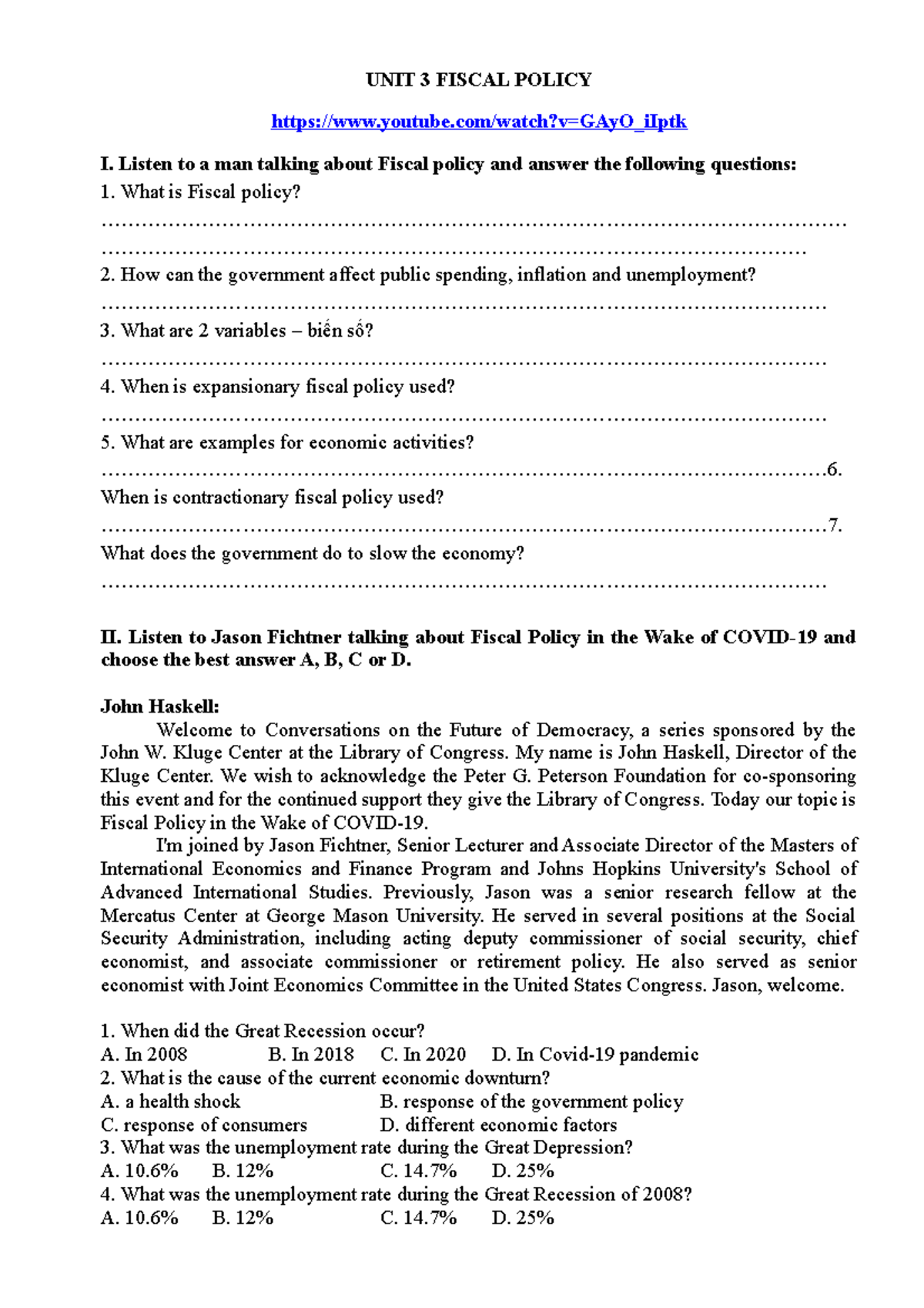 UNIT 3 Listening Fiscal Policy - FOR Students - UNIT 3 FISCAL POLICY ...