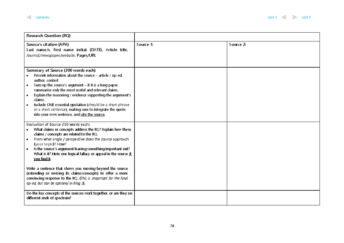CC0001 Student Book, Sem 1, AY23-24 - Contents Unit 5 Unit 7 74 Research Question (RQ) Source’s ...