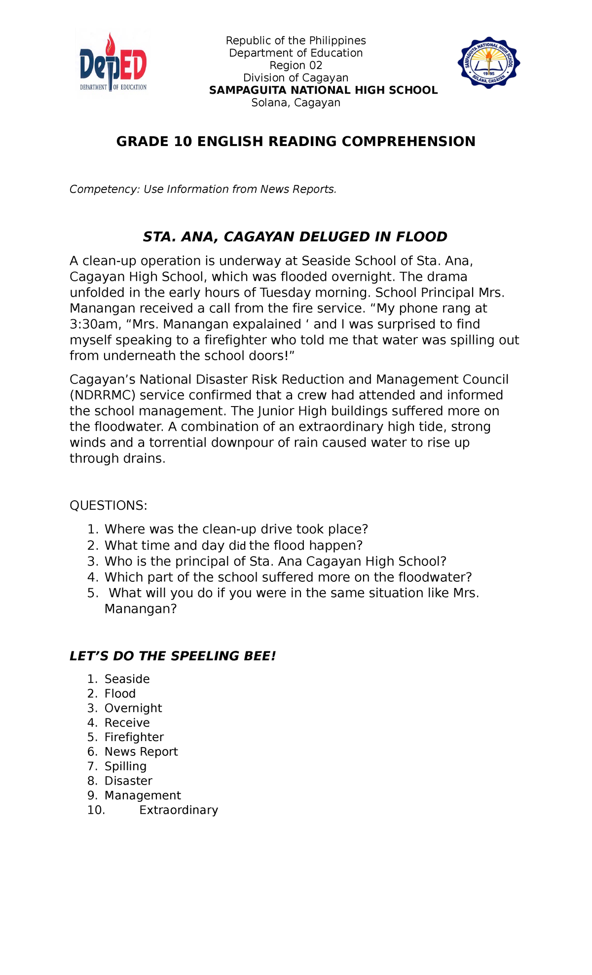 G10 English Comprehension Part 1 - Republic of the Philippines ...