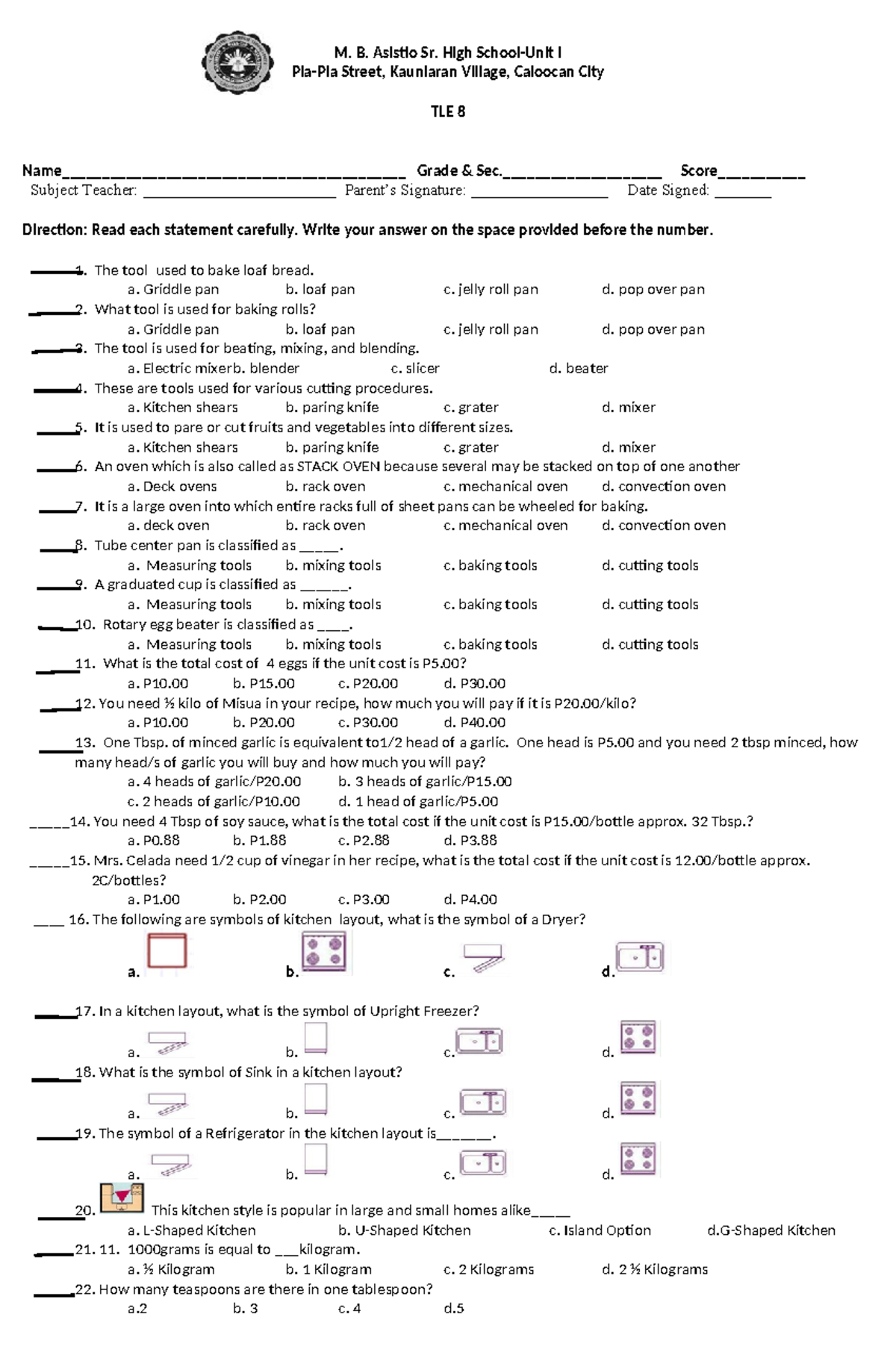 Review-TEST - REVIEW TEST IN TLE 8 - M. B. Asistio Sr. High School-Unit ...
