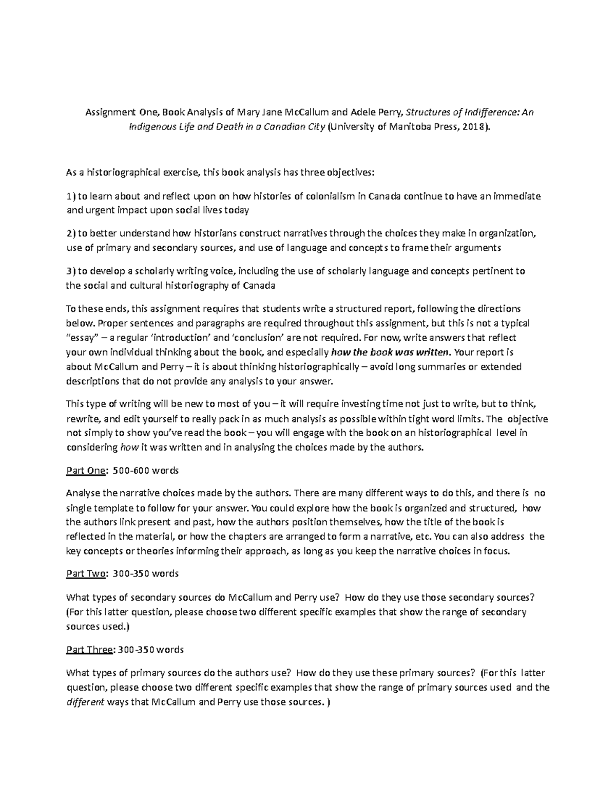 Assignment 1 Instructions 2304 - Assignment One, Book Analysis of Mary Jane McCallum and Adele ...