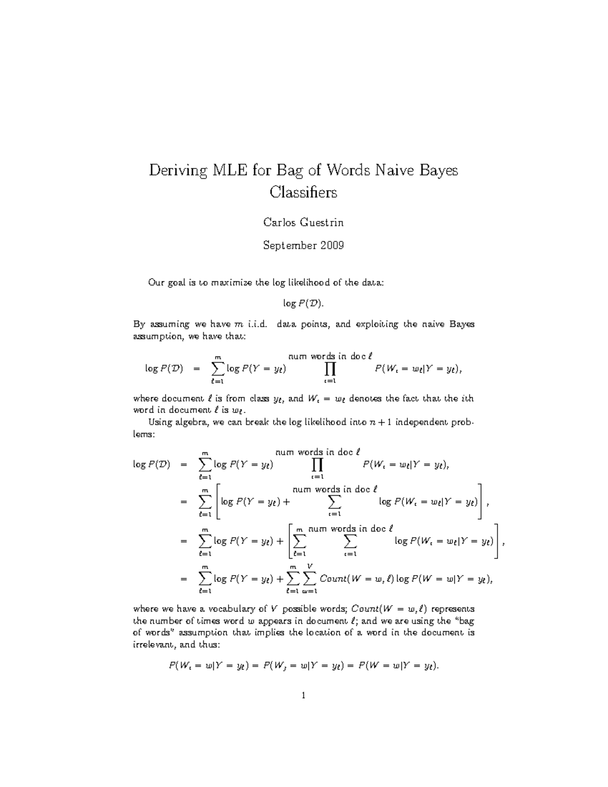 Lecture notes, lecture: Deriving MLE for Bag of Words Naive Bayes ...