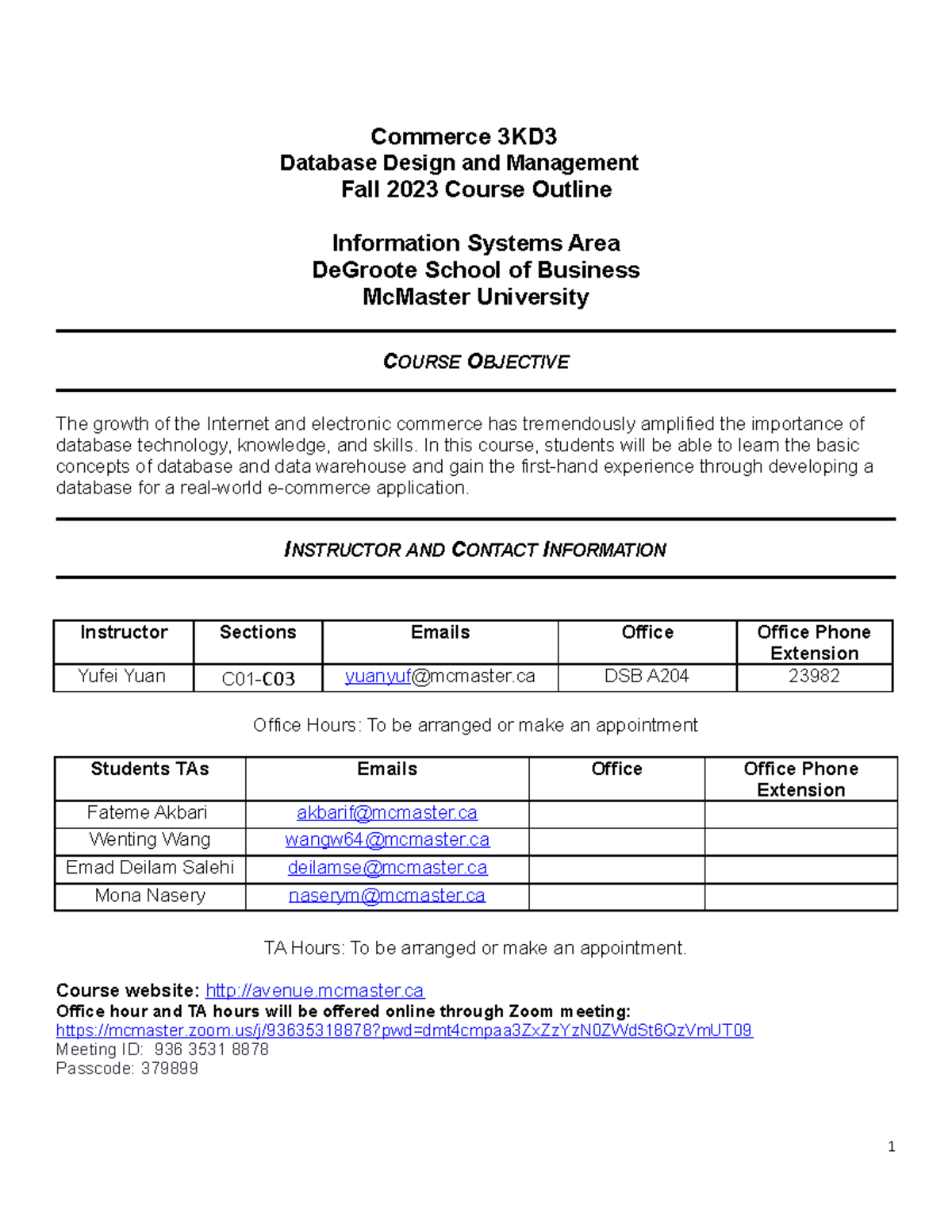 3KD3 Course Outline F232 - Commerce 3KD Database Design and Management ...
