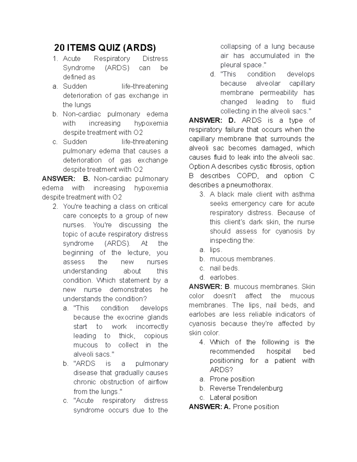 ARDS-Quiz - Quizzes - 20 ITEMS QUIZ (ARDS) Acute Respiratory Distress ...
