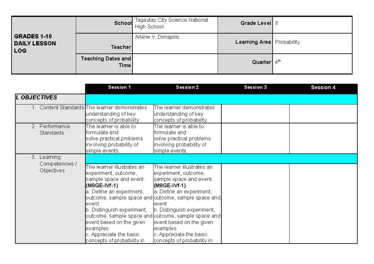 Daily Lesson Log Grade 8 Quarter 4 week 53 - GRADES 1- DAILY LESSON LOG ...