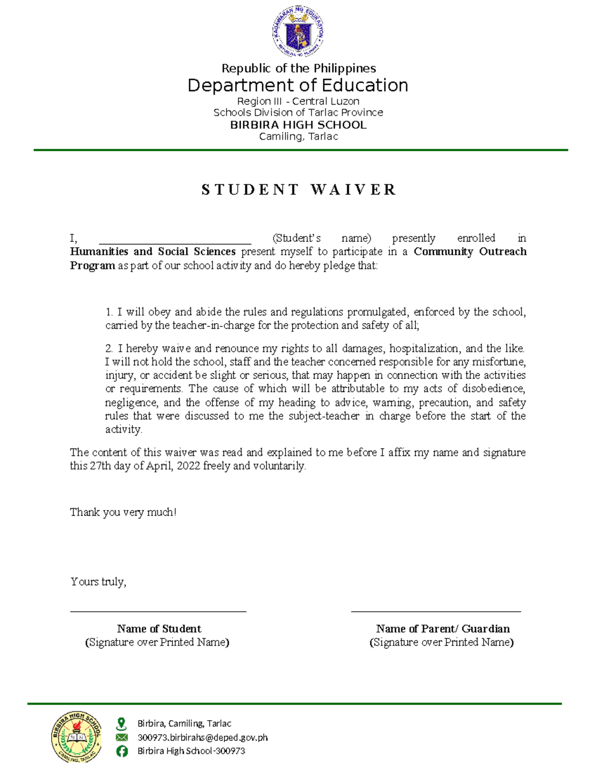 Students Waiver for Community Service - Birbira, Camiling, Tarlac ...