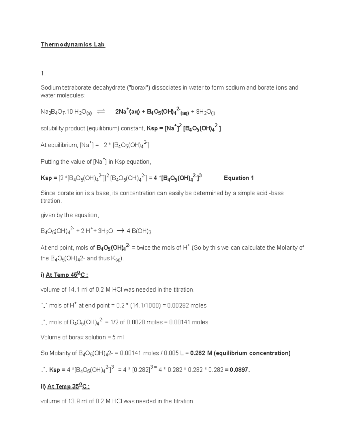 Thermodynamics Lab - Lab assignments - Thermodynamics Lab Sodium tetraborate decahydrate - Studocu